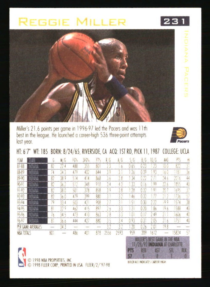 Reggie Miller 1997-98 Fleer #231 BASKETBALL Card | eBay