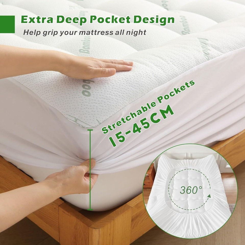 Bamboo Mattress Topper King Single 800GSM Fitted Cover 45cm Skirt Green ...