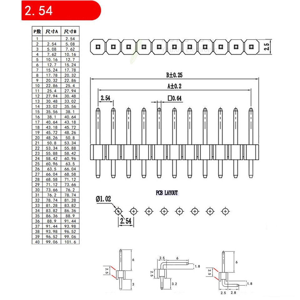Pin Header PCB Connector 2.54mm Double/Single Row Male Socket Arduino ...