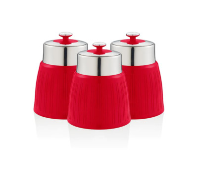 Set of 3 Canister Red Kitchen Storage Pot Tin Food Container Airtight ...