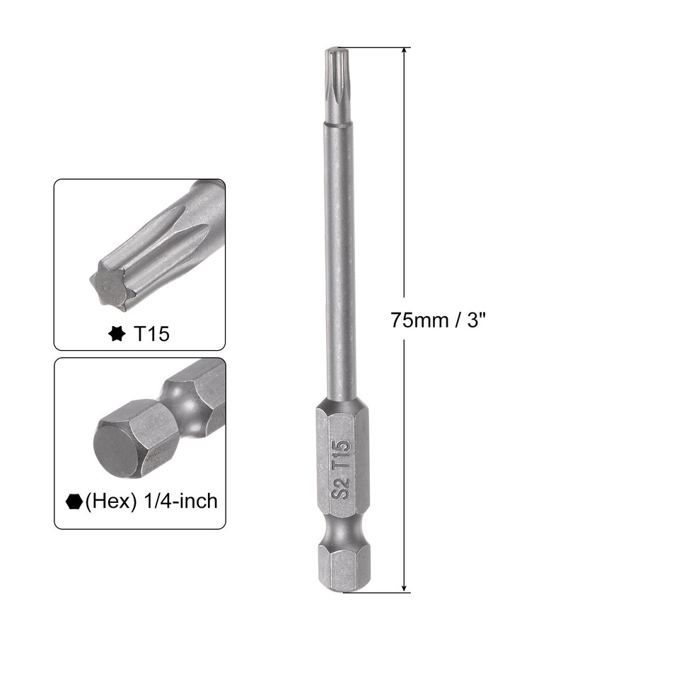 15Pcs T15 Torx Head Screwdriver Bit S2 Steel Screw Drive Bit 3" Long ...