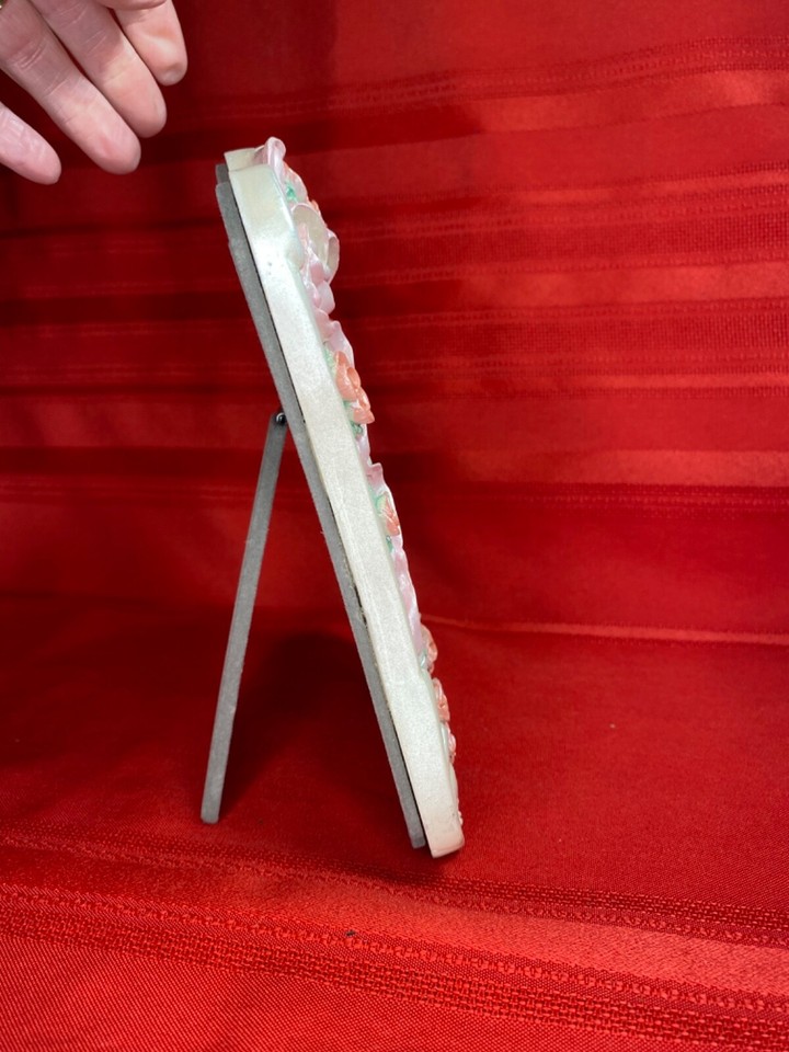 Vtg Pink Rounded Corners 3.5"x5" Photo Frame Pink Roses Bells Ribbon ...