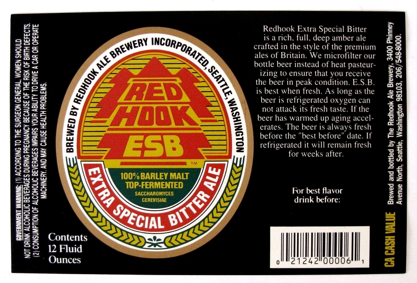 Redhook Ale Brwy REDHOOK ESB -EXTRA SPECIAL BITTER ALE label WA 12oz ...