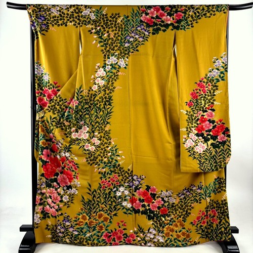Japanese kimono SILK"FURISODE",Flower stream,Gld leaf,Brownish Yellow ...