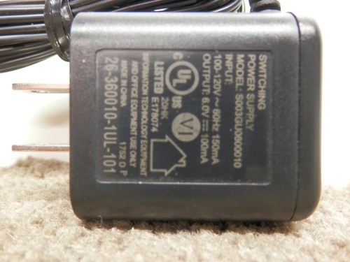 INTERTEK SWITCHING POWER SUPPLY MODEL#SOO3GU0600010 OUTPUT 6V 60HZ 150 ...