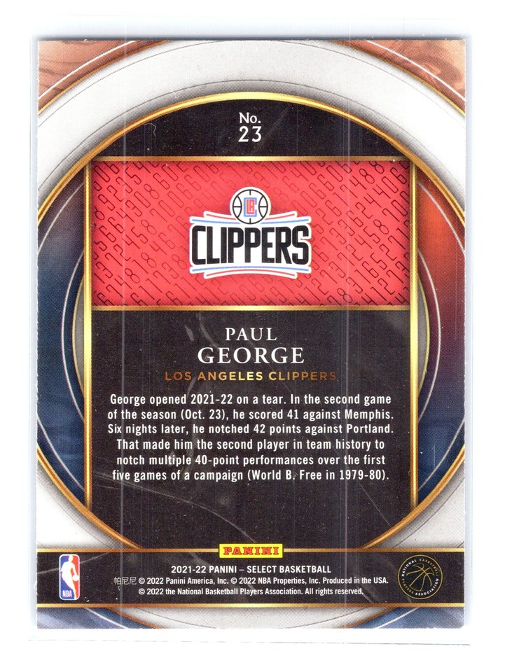 2021 Select Basketball #23 Paul George Select Numbers Los Angeles ...