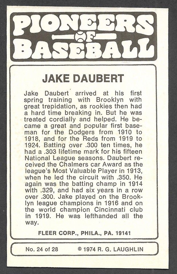 1975 FLEER LAUGHLIN BASEBALL PIONEERS #24 Jake Daubert BROOKLYN ROBINS ...