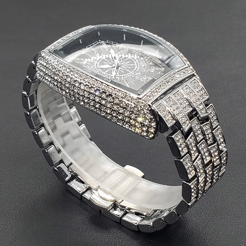 Men's Ice Out Watch Quartz Waterproof Stainless Steel Diamond Silver ...