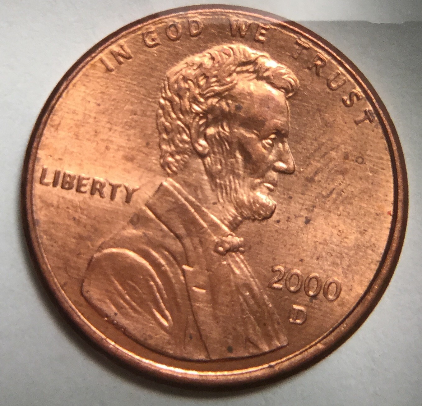 2000-D Slightly Off center struck Lincoln cent penny Error Close AM (C ...