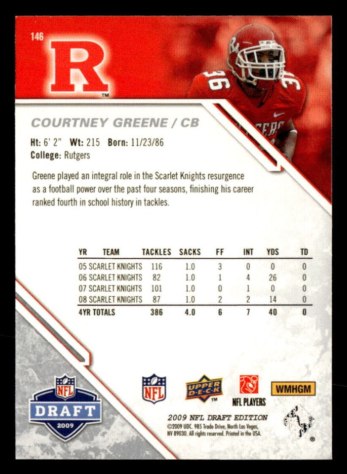 Courtney Greene 2009 Upper Deck Draft Edition Card #146 Rutgers Scarlet ...
