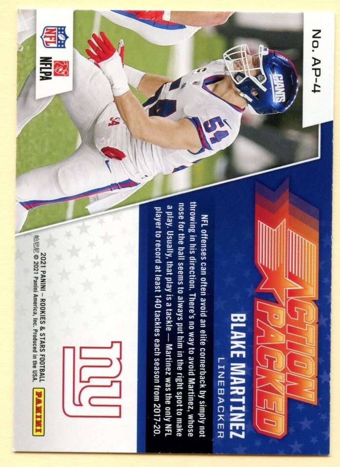 2021 Rookies & Stars Football Blake Martinez Action Packed Insert card ...