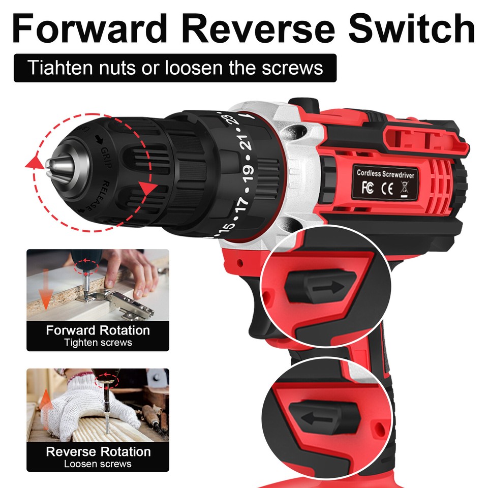 18V Cordless Drill Combi Driver Electric Screwdriver Set with 2 Battery ...