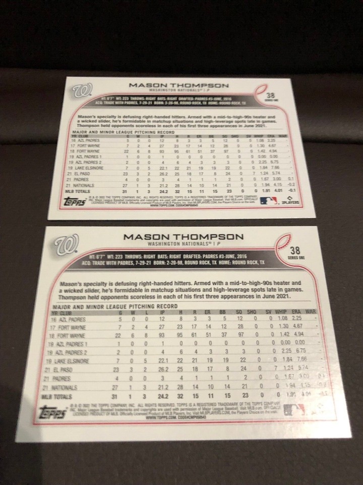 (2) 2022 Topps Mason Thompson RC #38 Washington Nationals | eBay