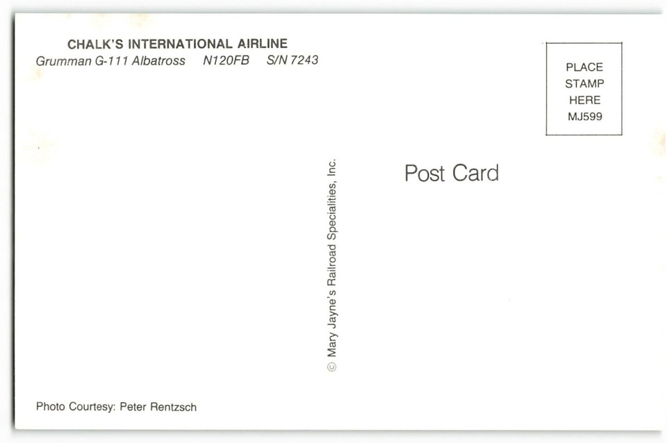 Postcard Airline CHALK'S INTERNATIONAL AIRLINE Grumman G-111 N120FB ...