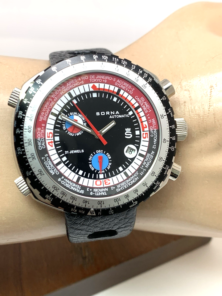 Sorna Men's Watch Automatic World Timer Triple Date Retro Black Red ...
