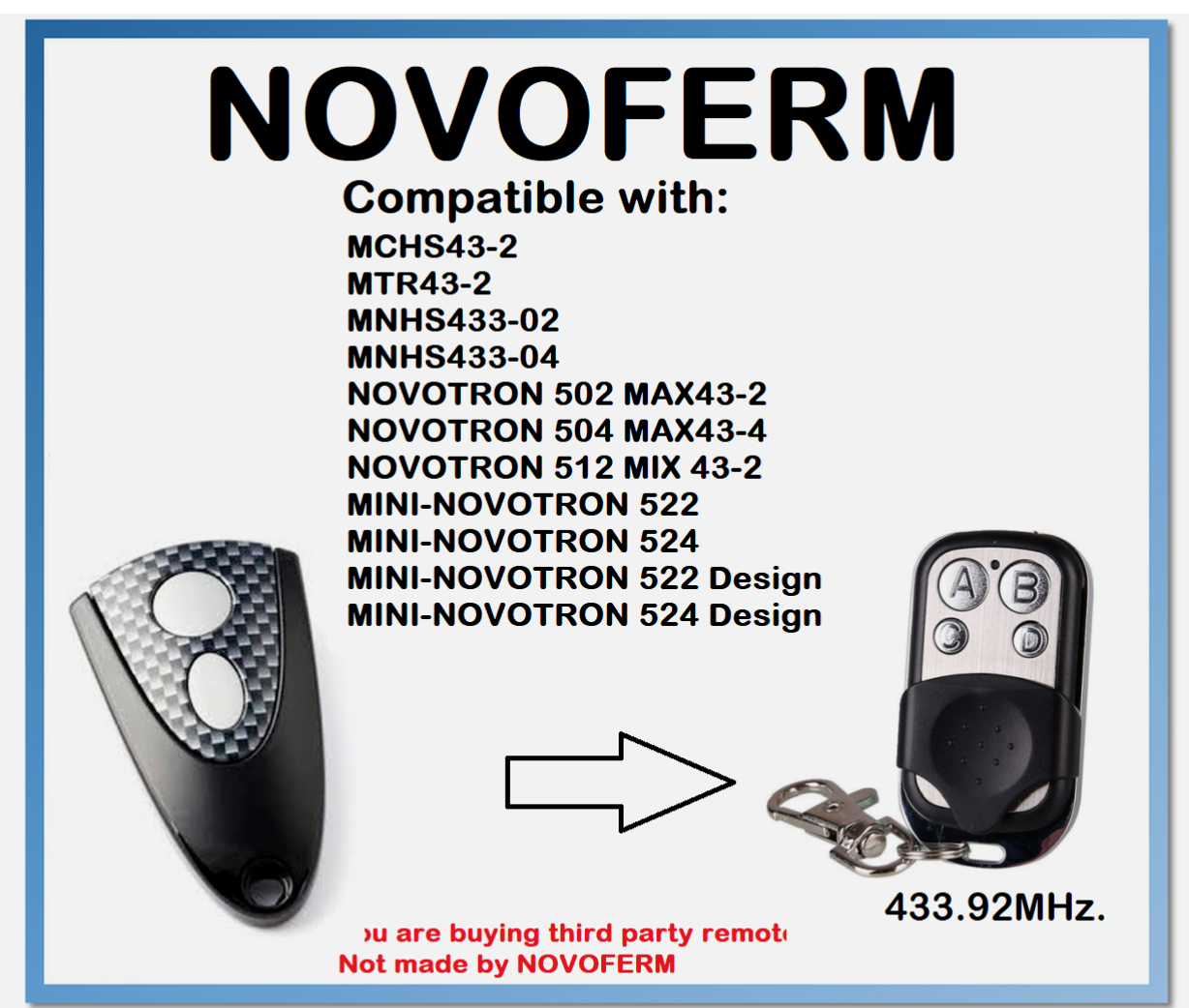 NOVOFERM GARAGE DOOR REMOTE CONTROL Mini-Novotron 522 Compatible 433 ...