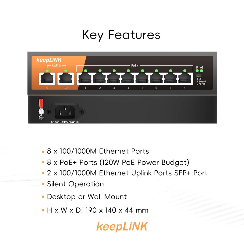 10 Port Gigabit Ethernet Switch 8-PoE 2-RJ45 Uplink Plug Play Network ...