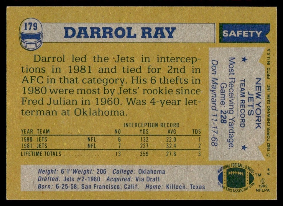Darrol Ray 1982 Topps #179 New York Jets 28107 Football Card | eBay