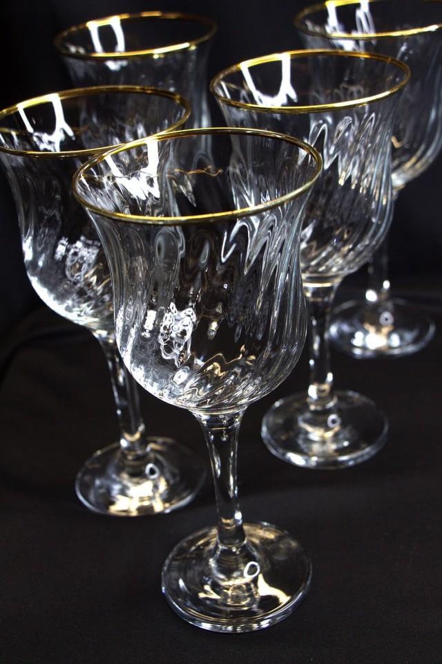 Royal Crystal Swirl Gold Rim Water Goblets 6 Champagne Wine Glass ...