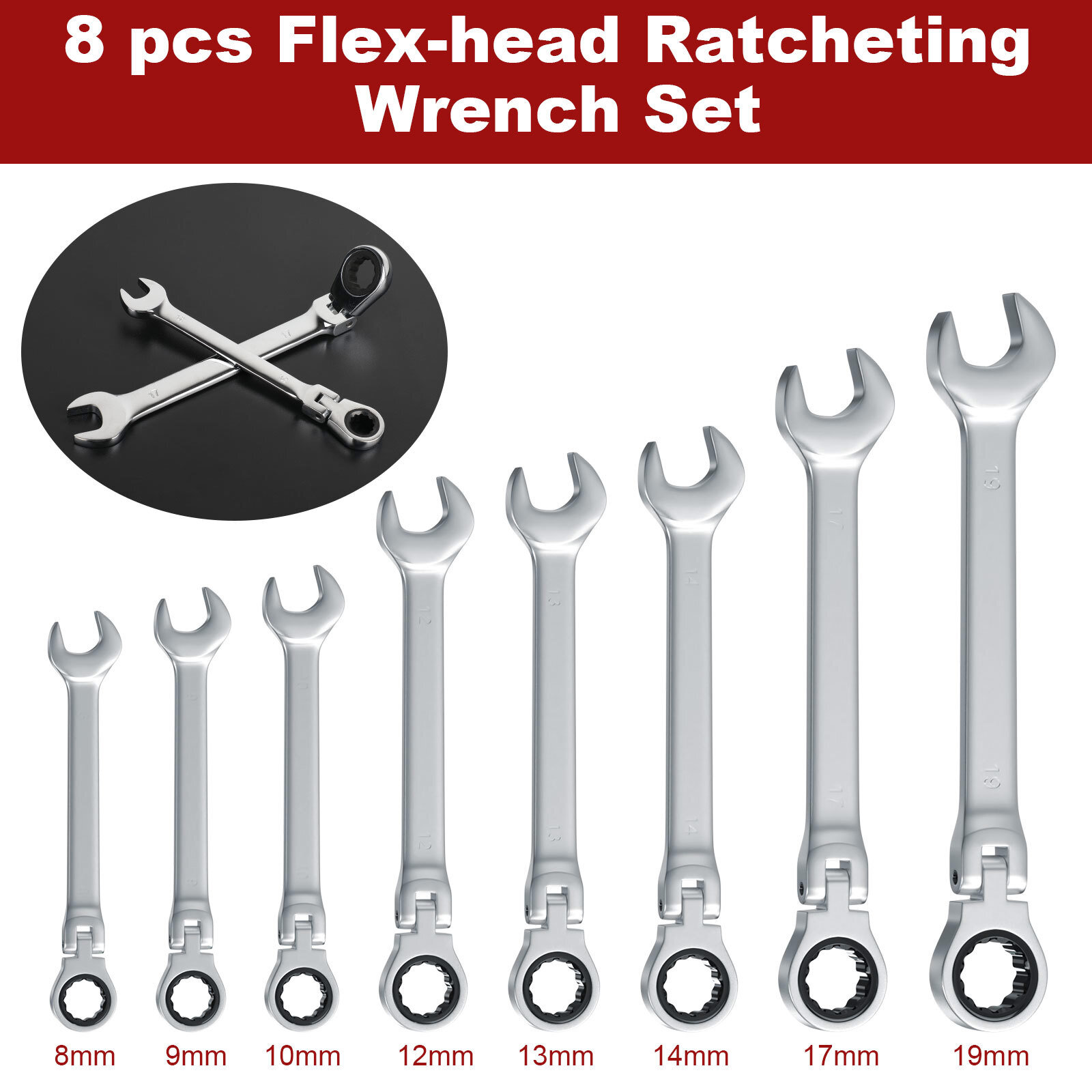 8Pc 8-19mm Metric Flexible Head Ratcheting Wrench Combination Spanner ...