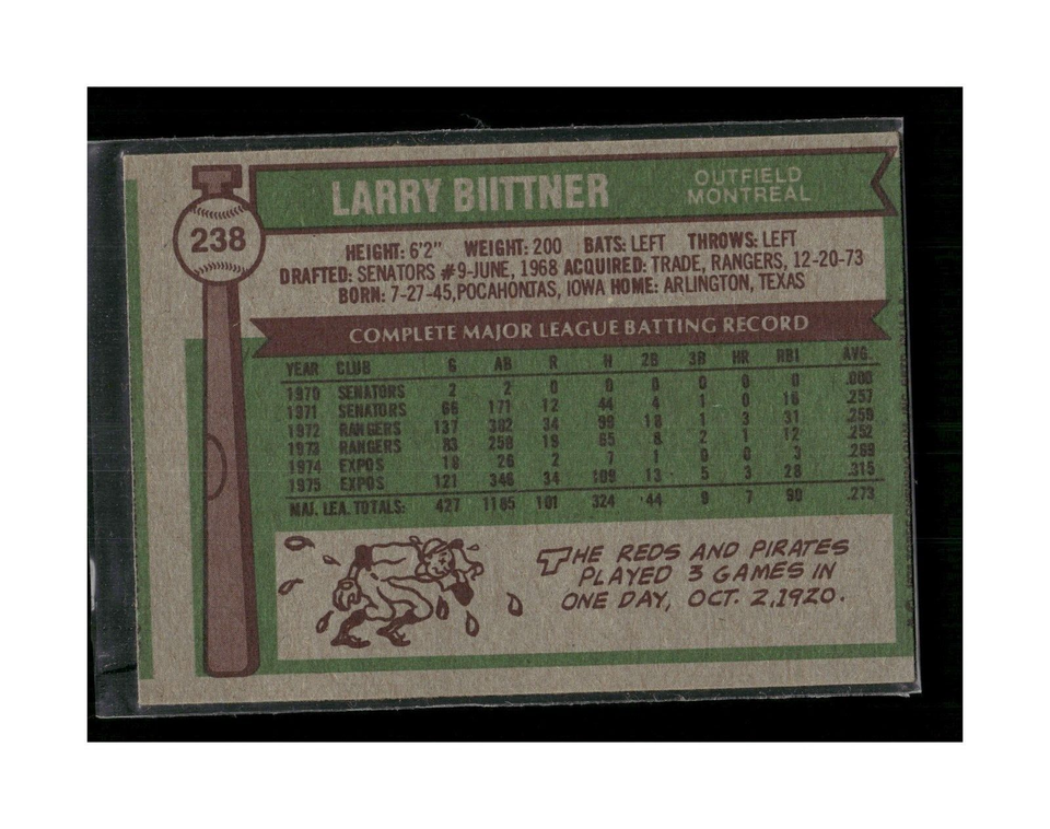 1976 Topps Baseball Card Larry Bittner #238 Montreal Expos MISS CUT ON ...