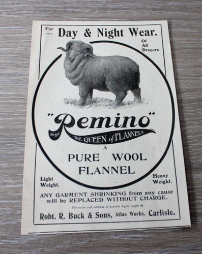 1908 Small Print Advert 'ROBERT BUCK, CARLISLE "REMINO" WOOL FLANNEL' 7 ...