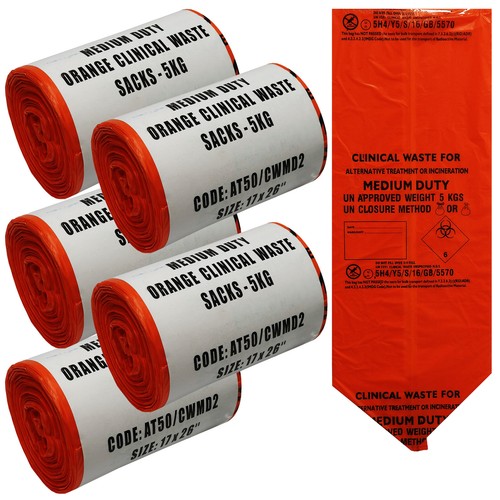 5 x Roll Orange Clinical Biohazard Clinical Surgical Waste Bag Sacks ...