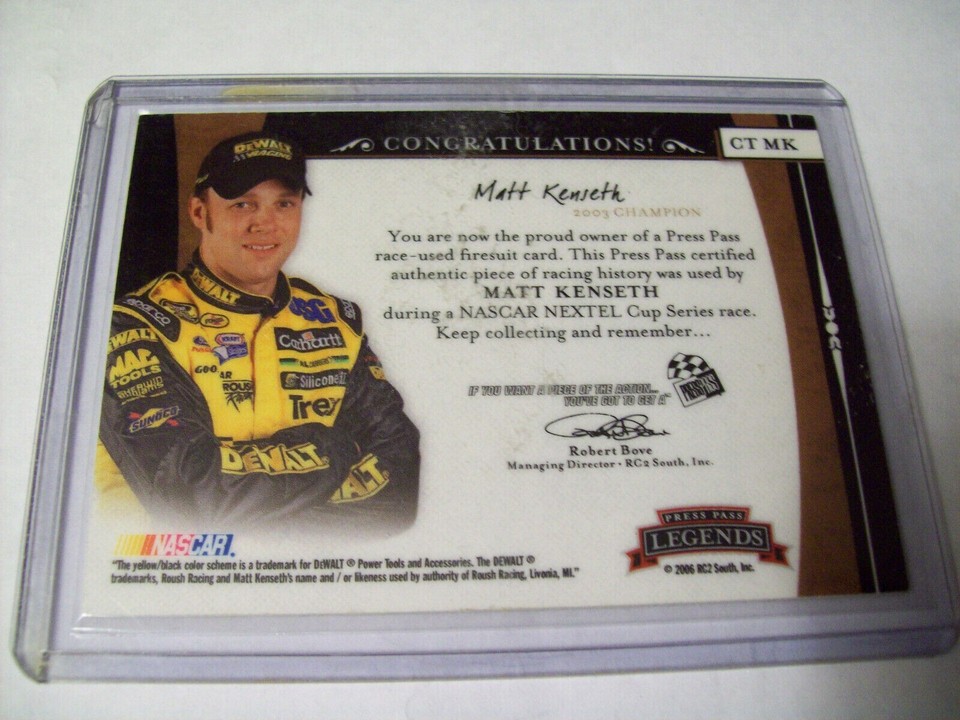 MATT KENSETH RACE USED FIRESUIT PRESS PASS LEGENDS AUTHENTIC CARD 221 / ...
