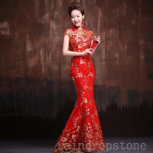Women Chinese Ball Gown Cheongsam QiPao Fishtail Evening Wedding Long ...
