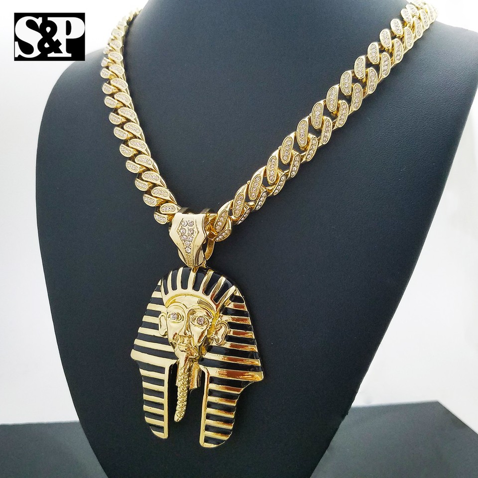 Hip Hop Egyptian Pharaoh Pendant & 12mm 24" Full Iced Cuban Link Chain ...