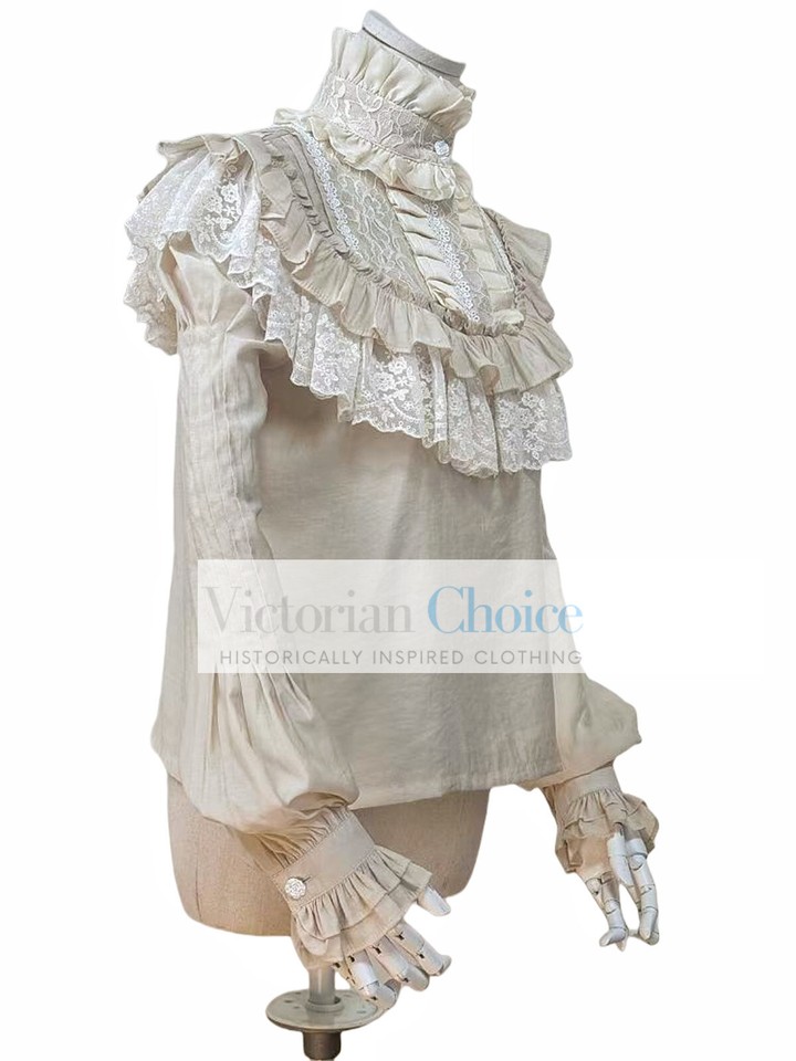 Victorian Edwardian Romantic Vintage High Collar Blouse Shirt Steampunk ...