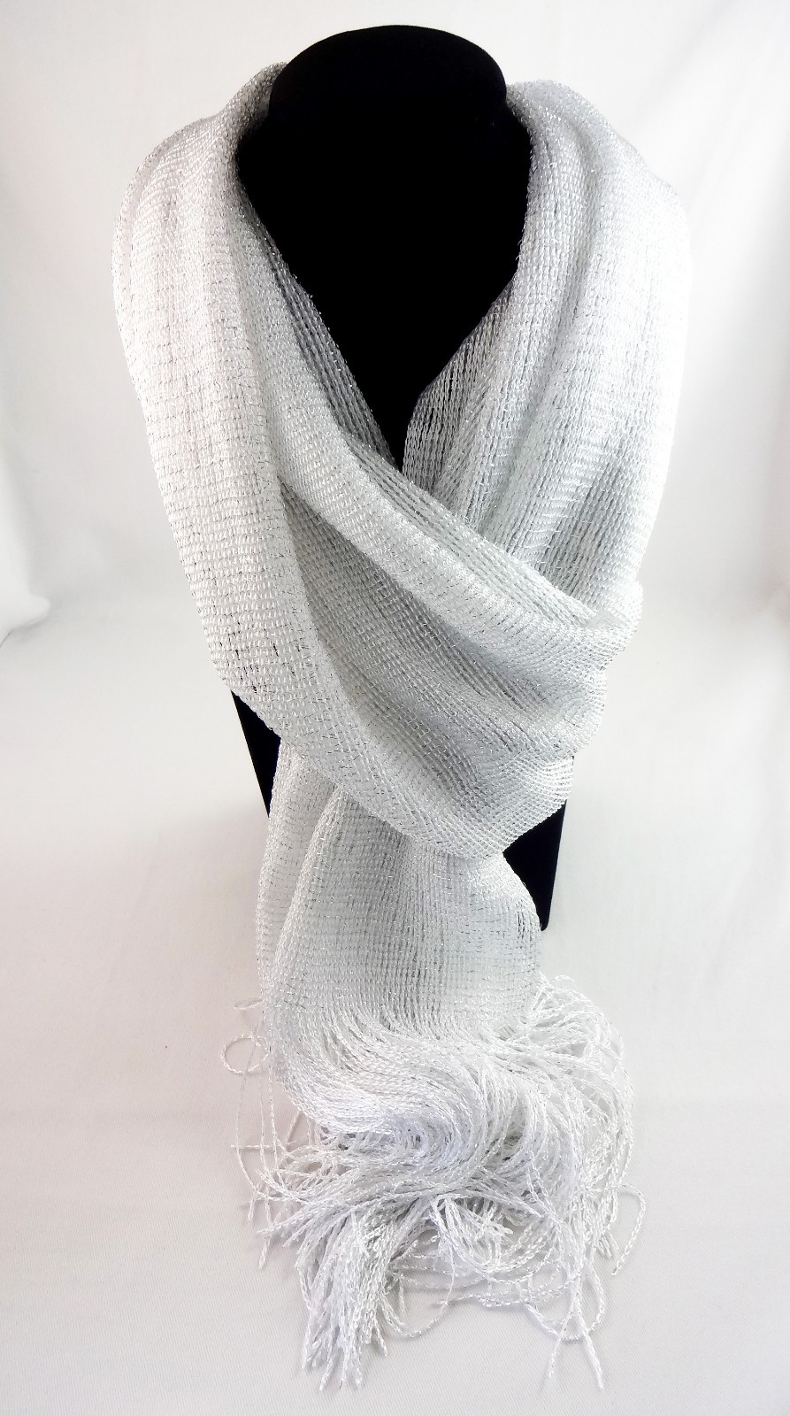 White Scarf Silver Threads Fringed Edges Sheer Lightweight Prom Bridal ...