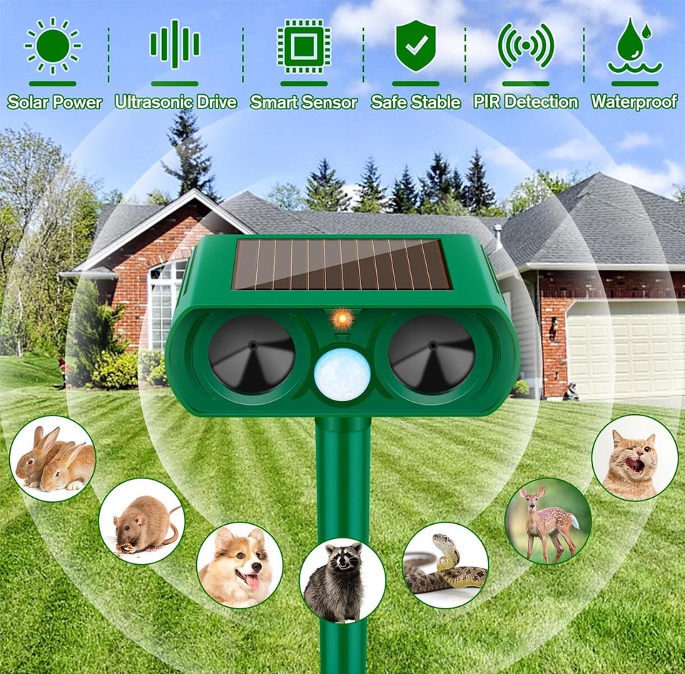 Solar Powered Ultrasonic Animal Repellent 110° Squirrel Repeller ...
