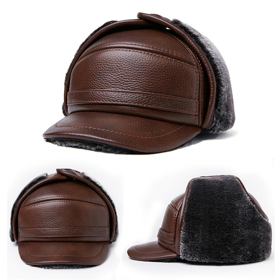 Men's Genuine Leather Winter Warm Trapper Warm Hat Baseball Cap Outdoor ...