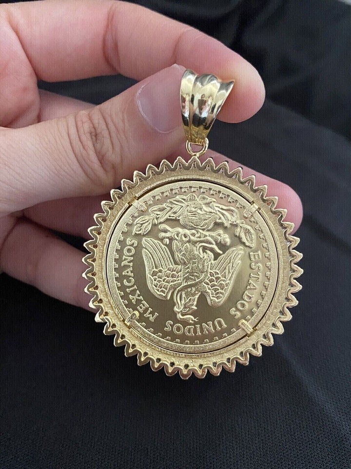 14K Yellow Gold Finish 50 Pesos Moneda Mexican CENTENARIO Pendant Lab ...