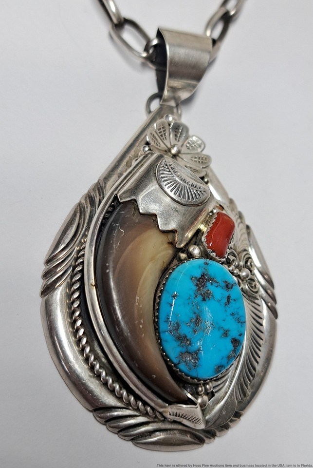JW Toadlena Navajo Signed Native American Solid Silver Turquoise Coral ...