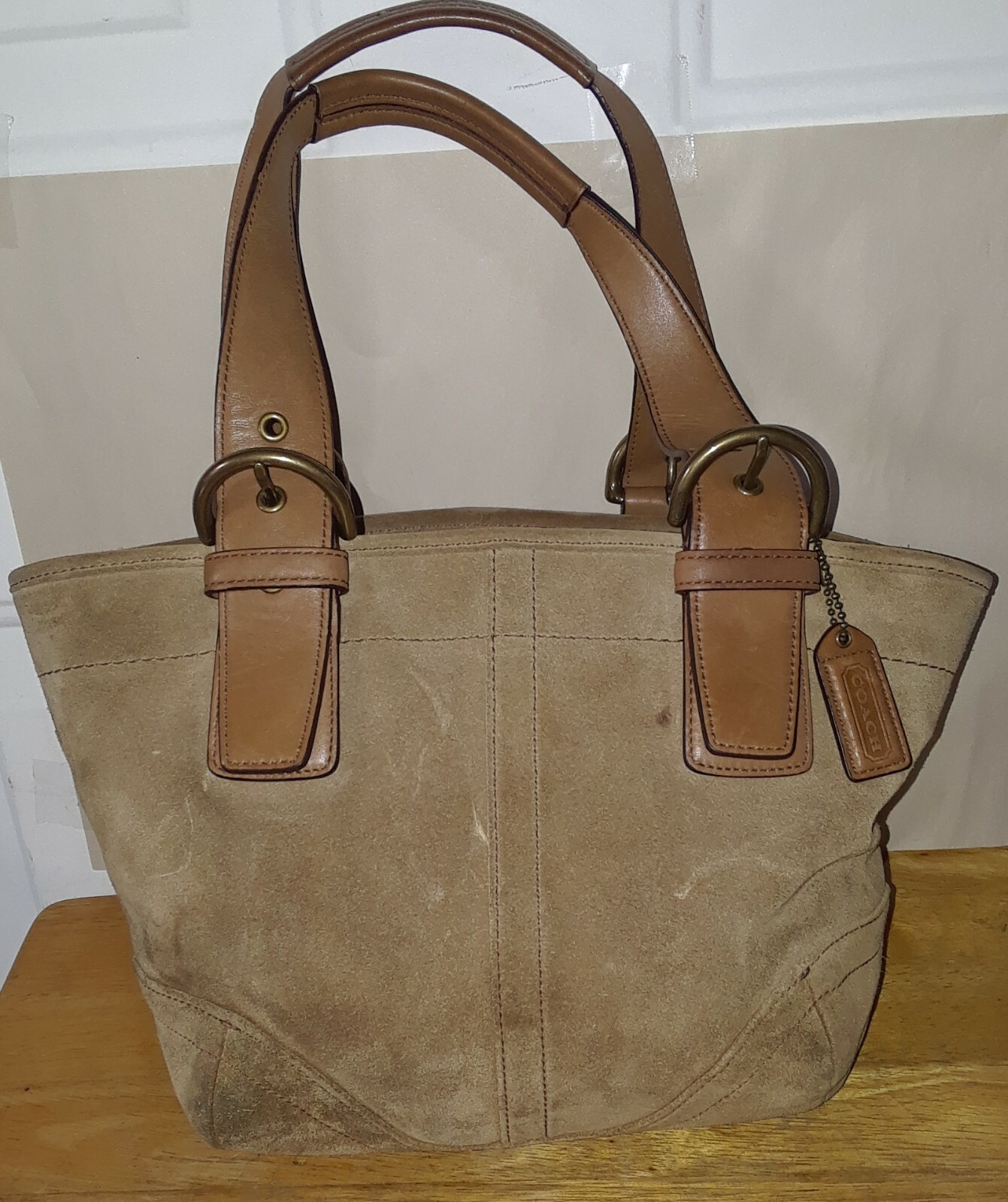 COACH Purse Tan Suede Leather Trim Handbag - Gem