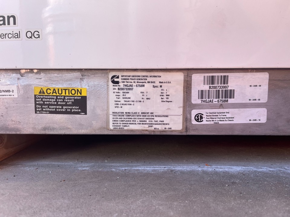 Cummins Onan Commercial QG 7000 Watt RV Generator 7kW Gas Powered 1555 ...