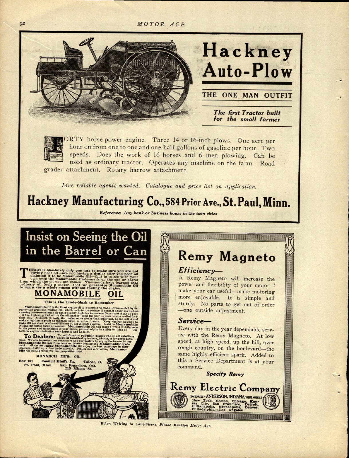 1912 Hackney Mfg. Co. Ad: Hackney Auto Plow - St. Paul, Minnesota | eBay