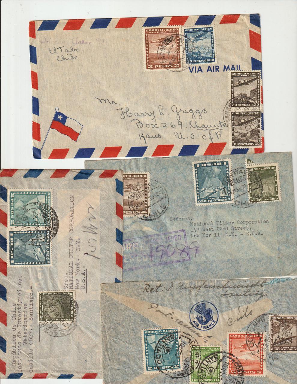 CHILE Postal History 4 Airmail Covers to the US 1940's Registered etc ...
