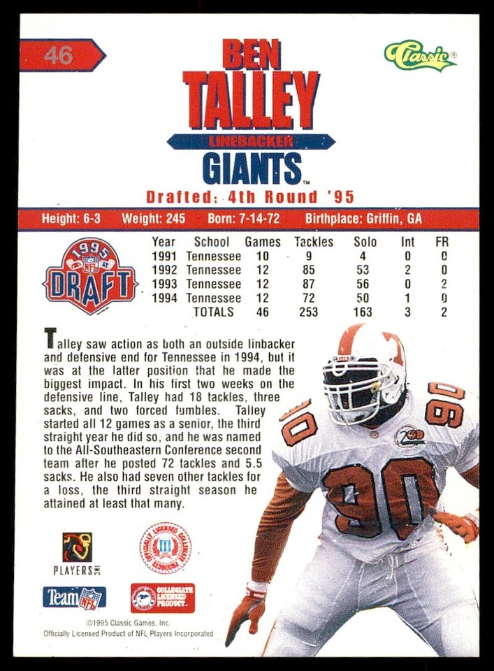 1995 Classic NFL Rookies Silver Ben Talley #46 RC New York Giants | eBay