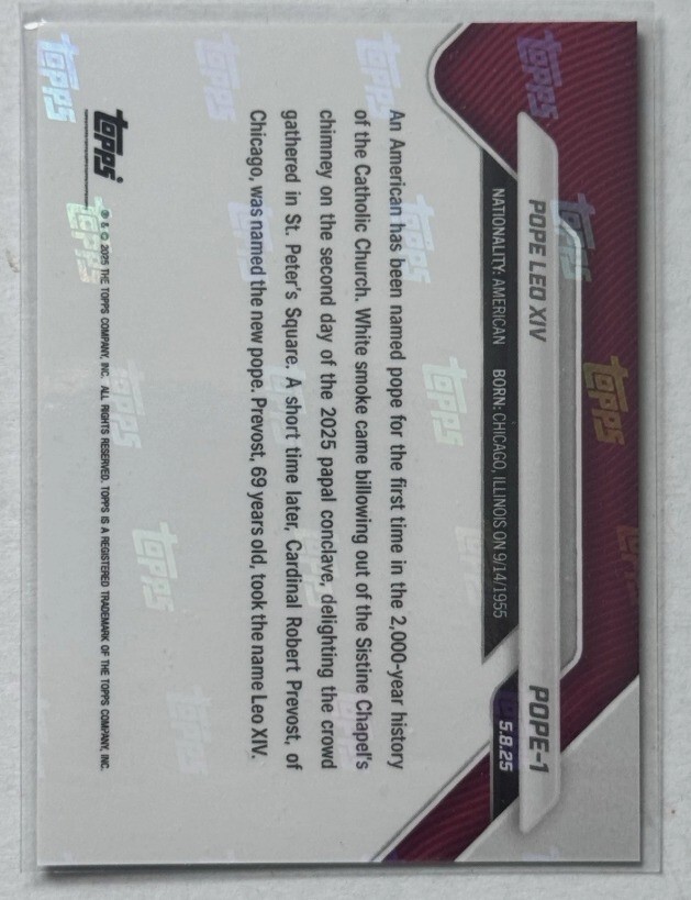 Pope Leo XIV 1st American Catholic Pope 2025 Topps NOW Card POPE ...