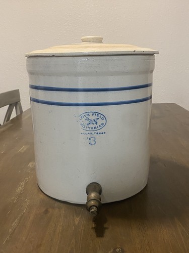 Water Crock - 3 Gal Love Field Potter - Pottery W/Lid Blue Double ...