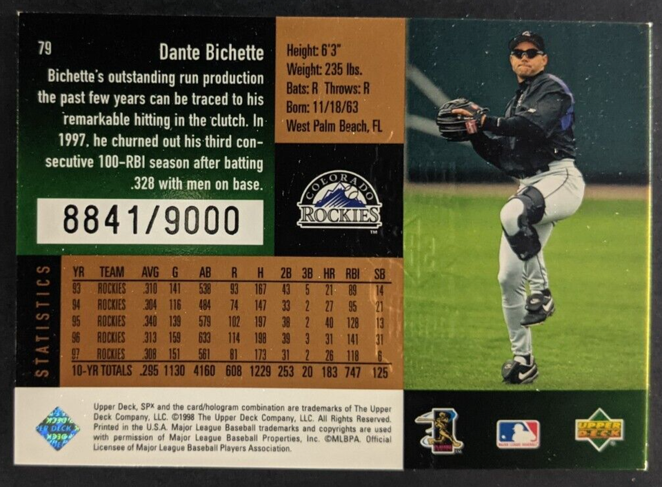 Dante Bichette 1998 Upper Deck SPx Finite #79 Baseball MLB Card /9000 ...