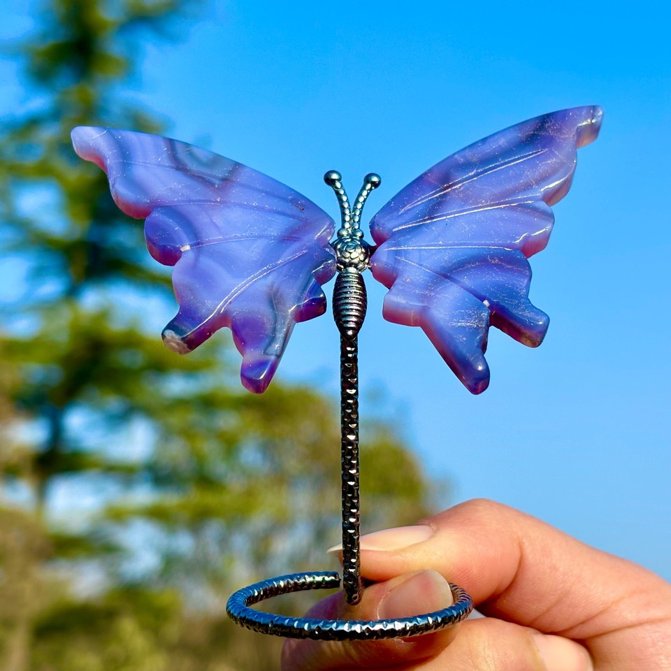 46G Natural Blue Cherry Blossoms agate hand carved butterfly wing ...