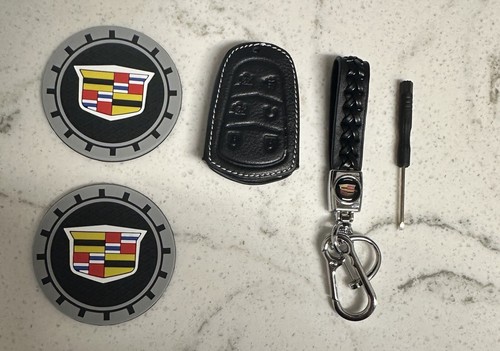 Leather Car Key Case Cover Fob For Cadillac With Key Chain &cup ...