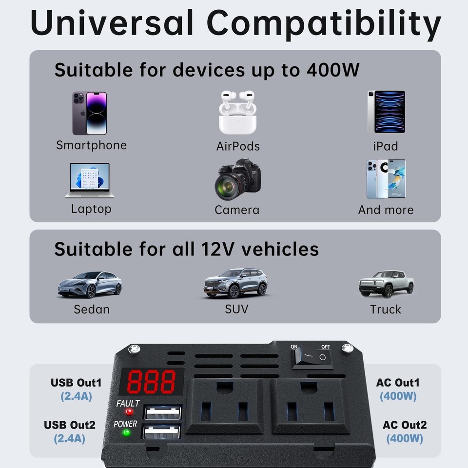 400W Car Power Inverter DC 12V to 110V AC Car Plug Adapter Outlet with ...