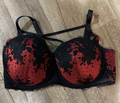 Torrid Bra Size 40DDD Red W-Black Lace Strappy Underwire Push Up ...