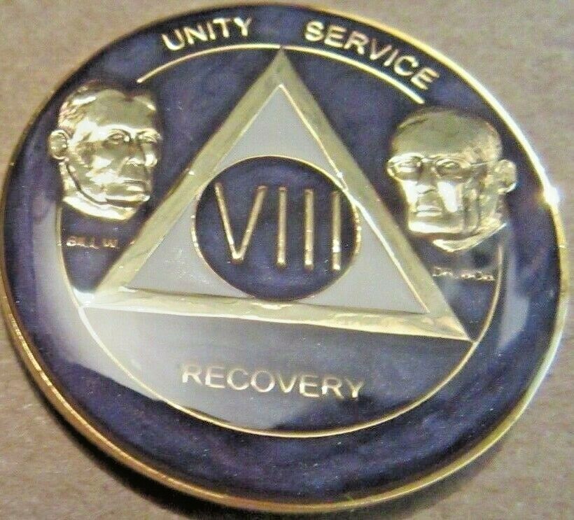 Alcoholics Anonymous Purple White Gold 8 Year AA Medallion Sober Token ...