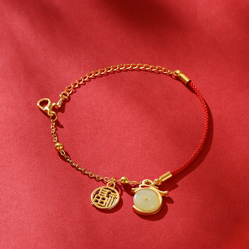 New Round/Chinese Character Natural Jade Lucky Charm Woven Braided ...